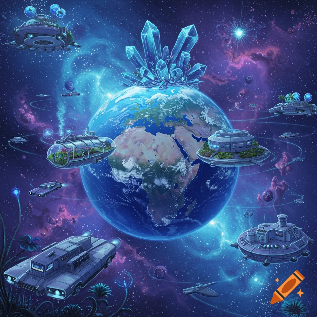 Futuristic Earth painting with flying cars and gravity-free living pods on Craiyon