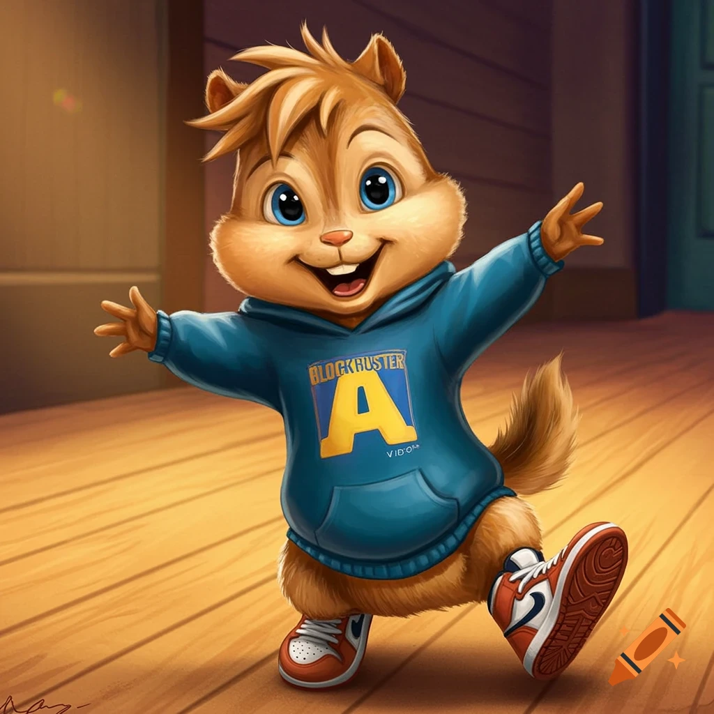 Alvin from Alvin and the Chipmunks wearing a Blockbuster hoodie and Air Jordans on Craiyon
