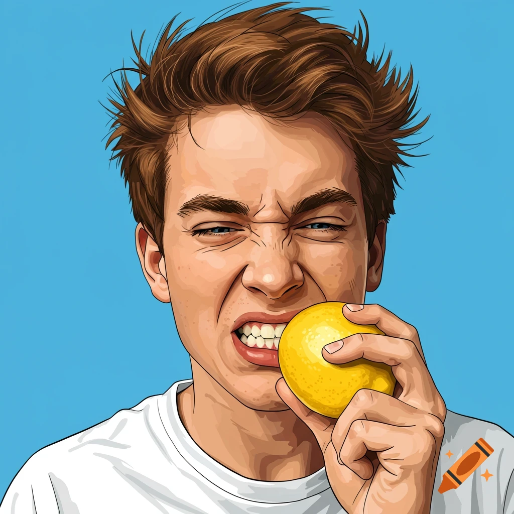 Man making a sour face while biting into a lemon. on Craiyon