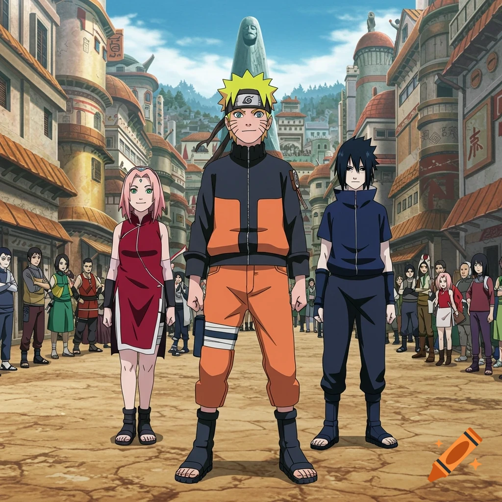 Naruto, Sasuke, and Sakura standing in front of the Leaf Village on Craiyon