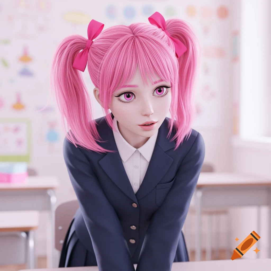 An anime girl with green hair in a school uniform holds a book in a ...