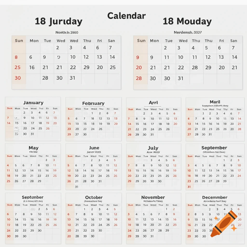 Calendar layout showing 5-day weeks across 18 months on Craiyon