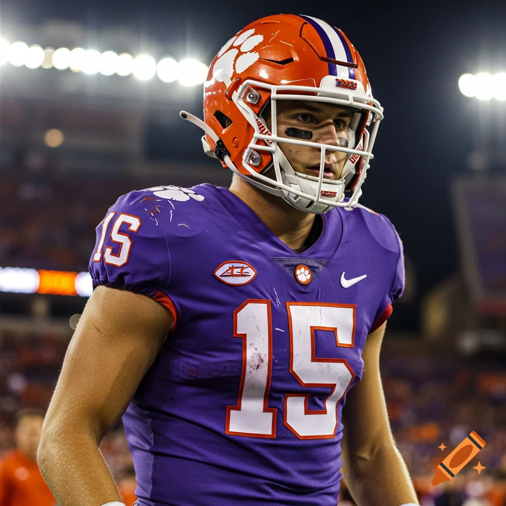 Football player in blue Clemson jersey number 15 on Craiyon