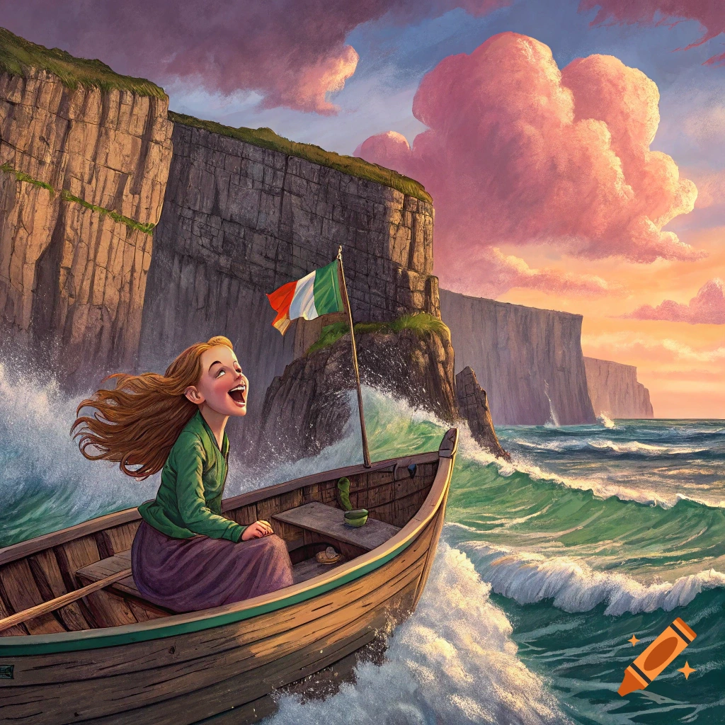 Mural of a girl in a boat near a cliff, colorful and detailed, with ...