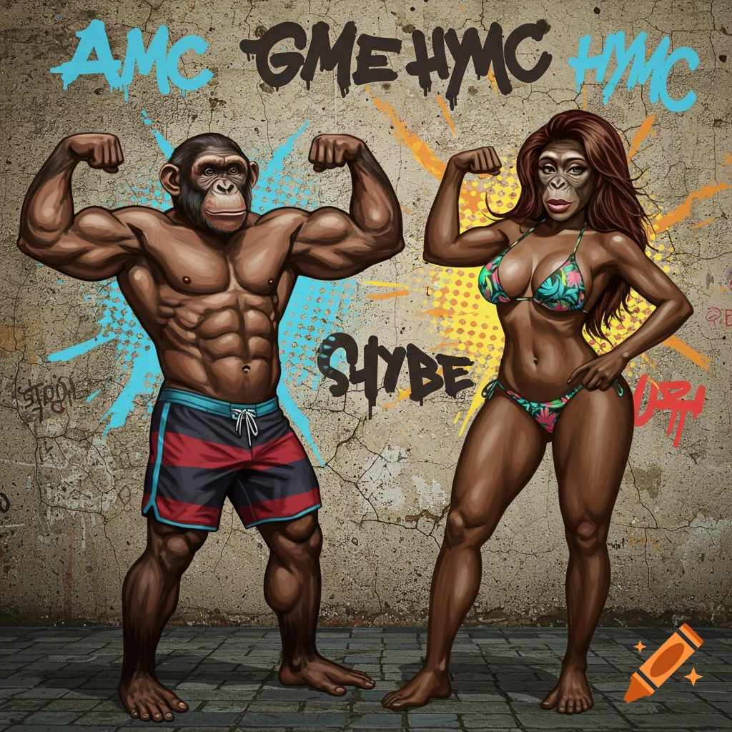 Pop art graffiti featuring muscular apes flexing with AMC GME HYMC on the wall on Craiyon