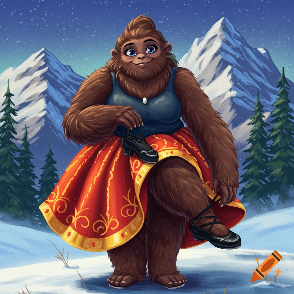 Cartoon bear in traditional clothing gives thumbs up in a mountain ...