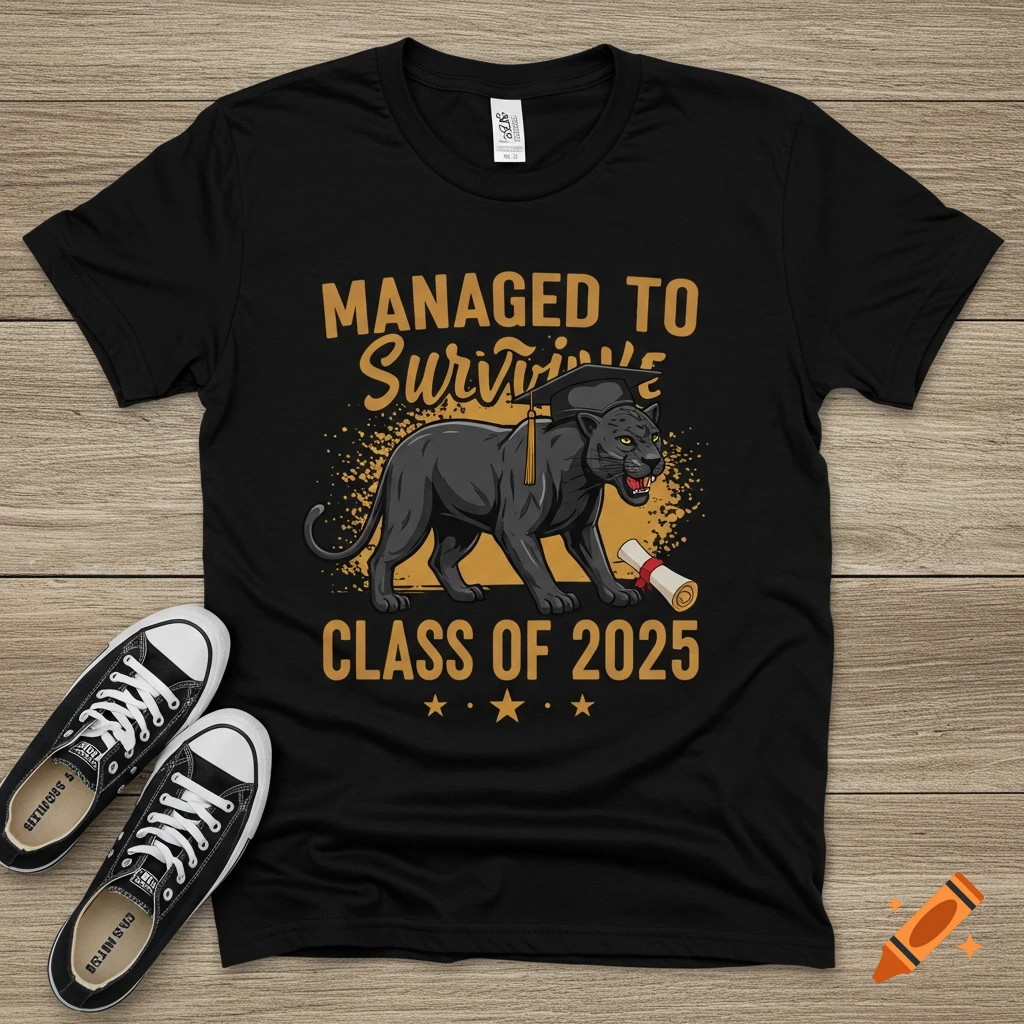 Panther wearing graduation cap t-shirt design, "Managed to Survive" and ...