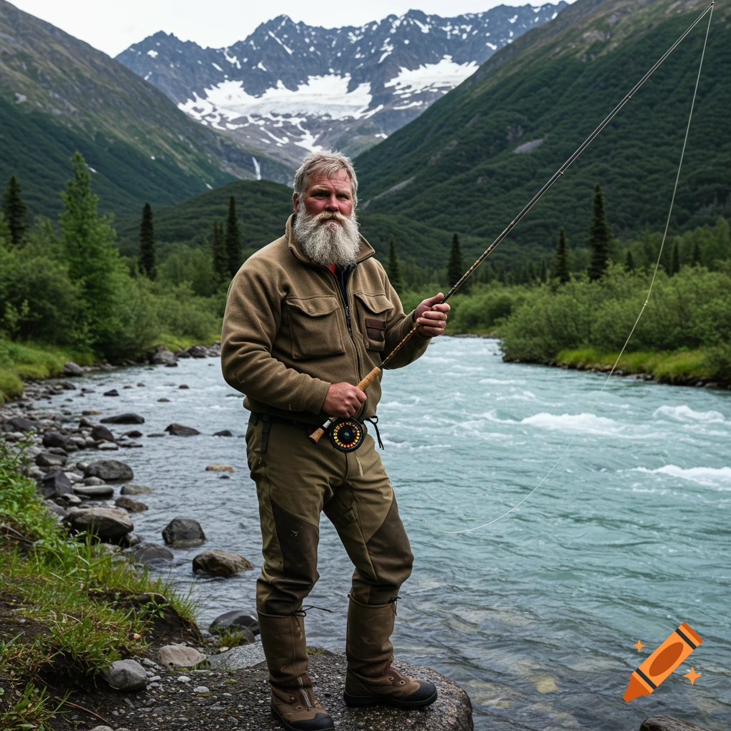 A bearded man in a fleece jacket stands on a rock by a river, holding a ...