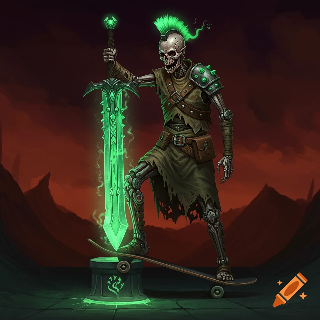 A skeletal warrior with a green mohawk leans on a glowing green sword ...