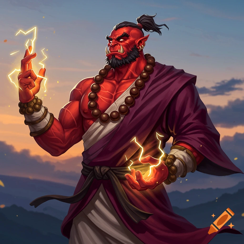 A red-skinned orc monk casts lightning in front of a sunset sky. on Craiyon