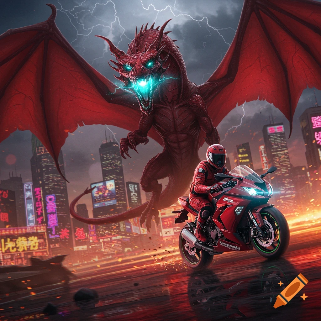 Dragon standing over a Kawasaki Ninja rider (red) on Craiyon