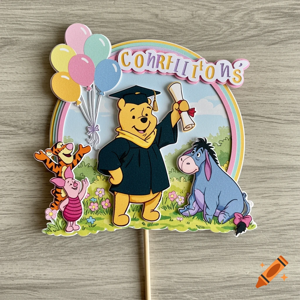 Winnie the Pooh graduation cake topper with Pooh, Tigger, Piglet, and ...