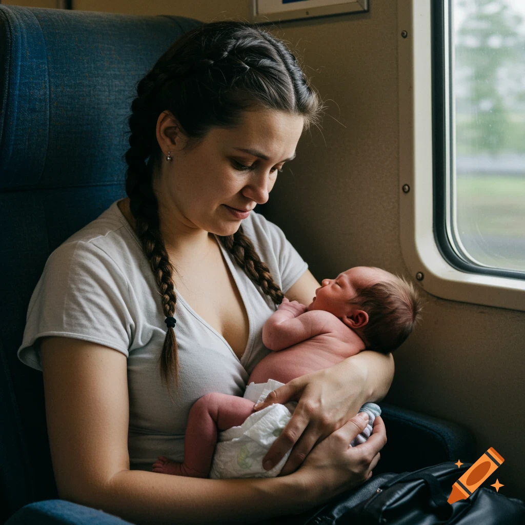 Russian girl holding newborn baby on cross country train on Craiyon
