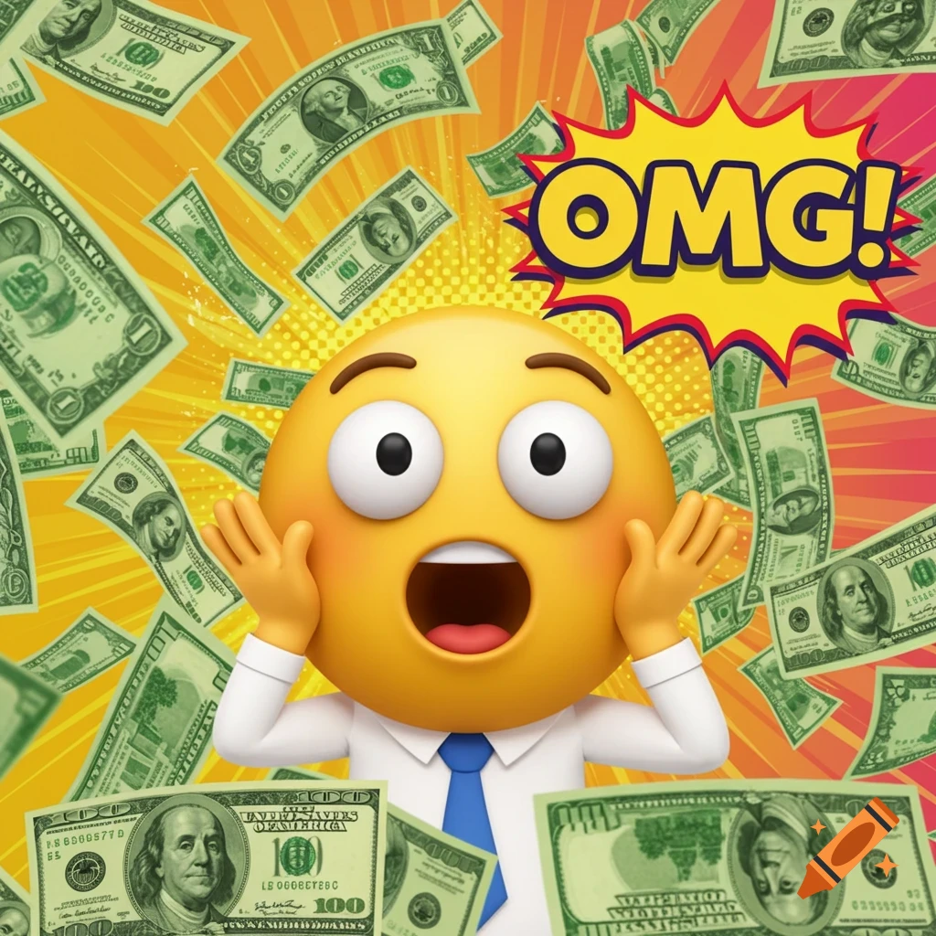 A surprised 3D emoji person is surrounded by falling dollar bills with ...