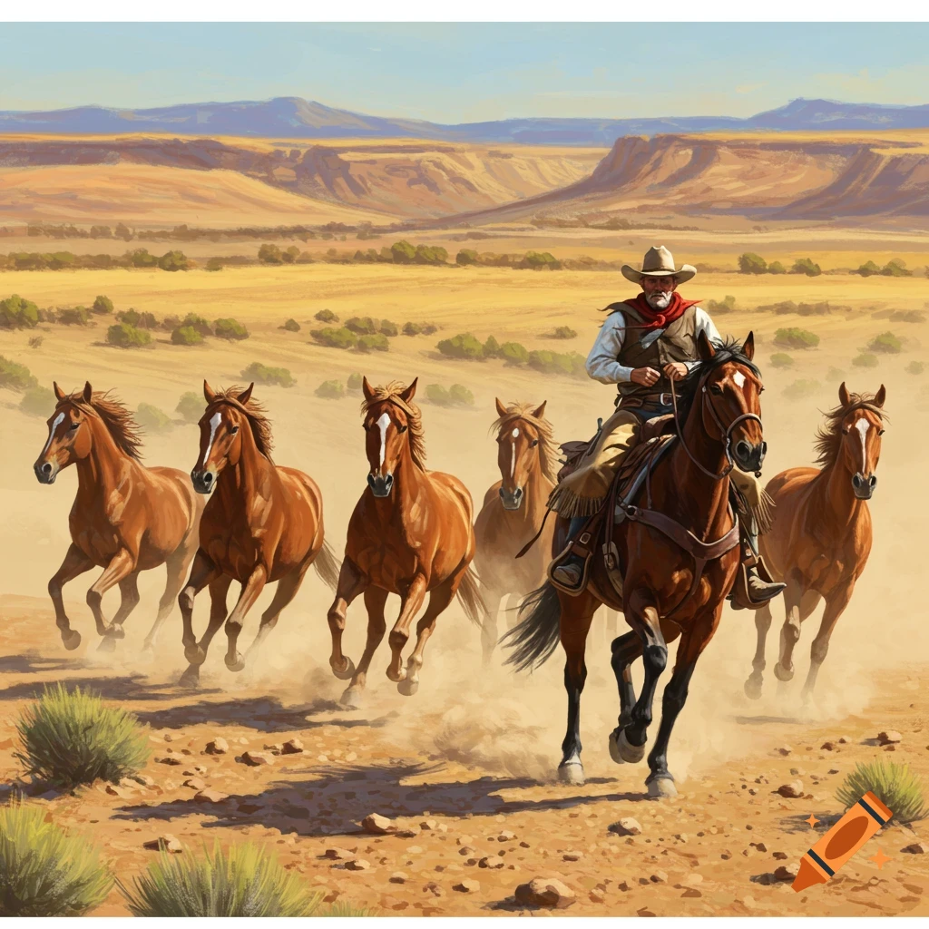 A cowboy on horseback chases wild horses in a desert on Craiyon