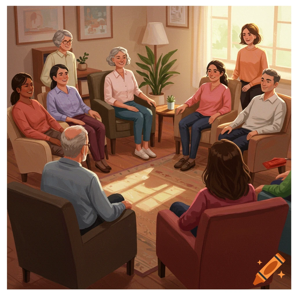 Happy therapy group with young adults and middle-aged people. on Craiyon