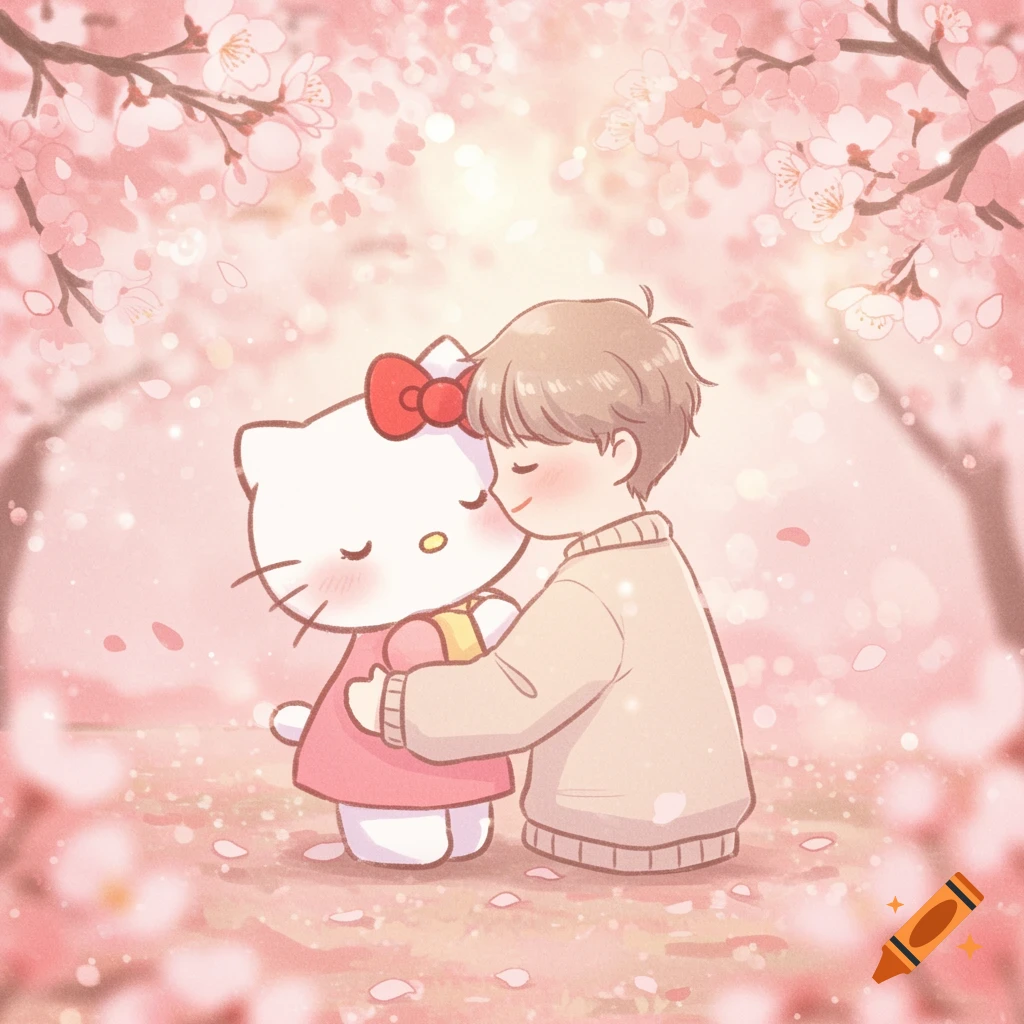 Hello Kitty and a boy hug under cherry blossoms in a whimsical ...