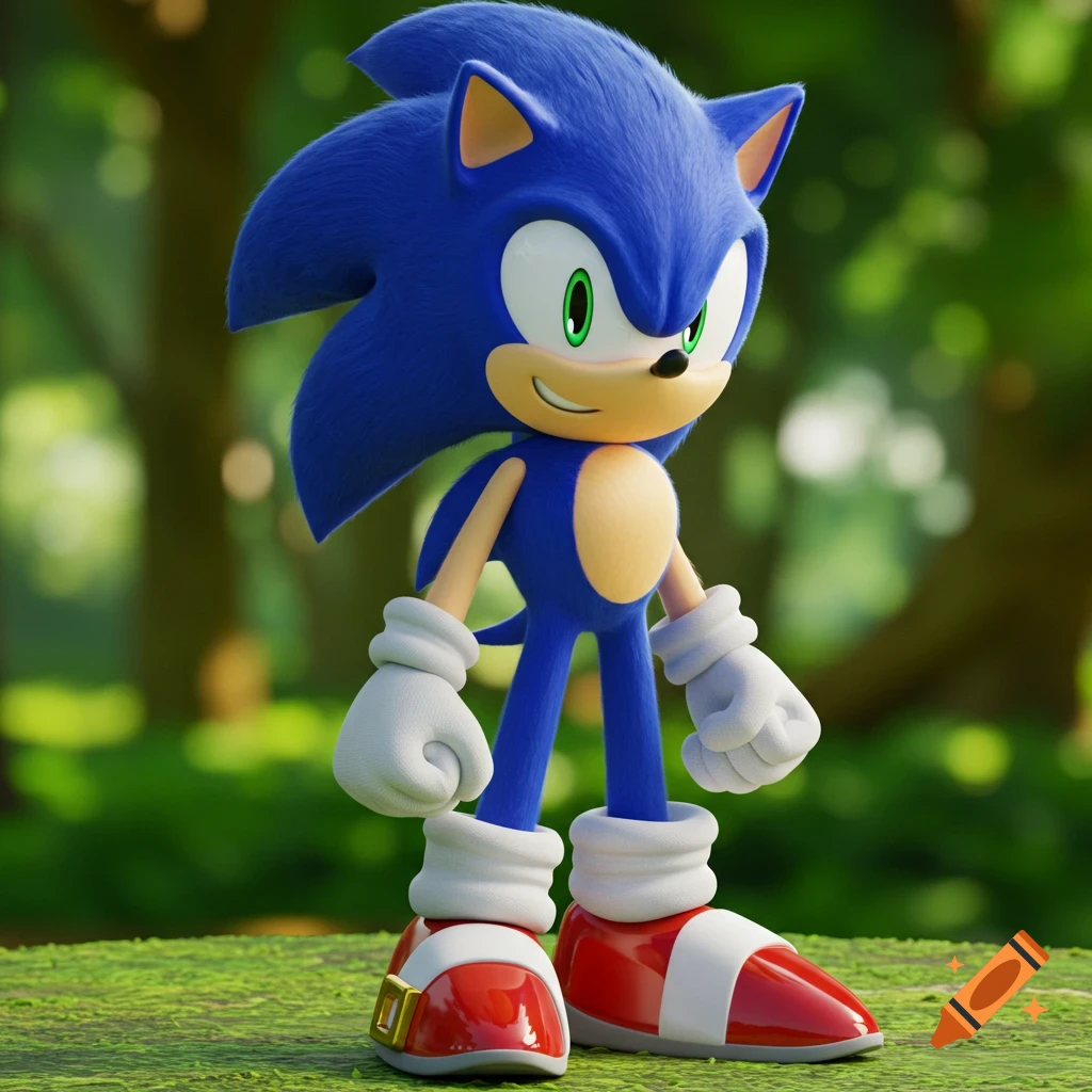 Sonic the Hedgehog runs through a lush forest with flowers in a CGI ...