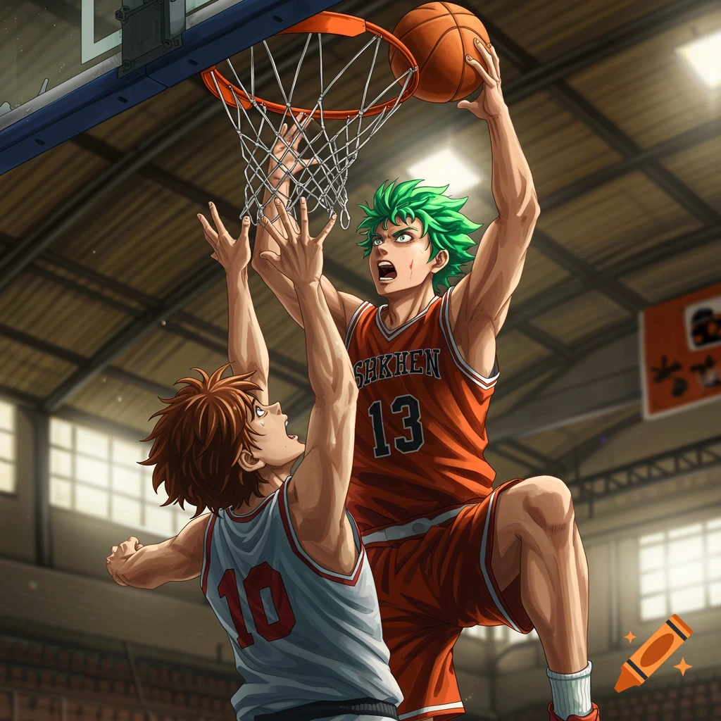 Anime-style painting of a person with green hair dunking a basketball ...
