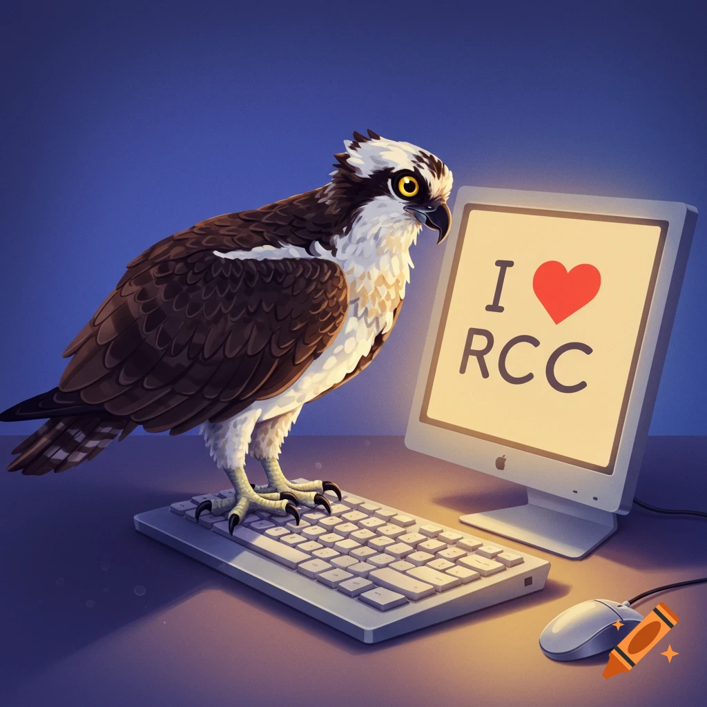 Osprey using a computer with text 'I love RCC' on Craiyon