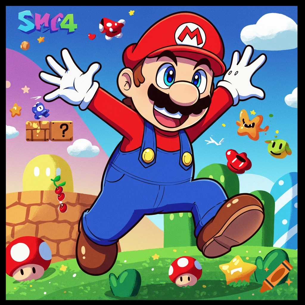 Cartoon of Mario jumping in a Super Mario level with text SMG4 on Craiyon