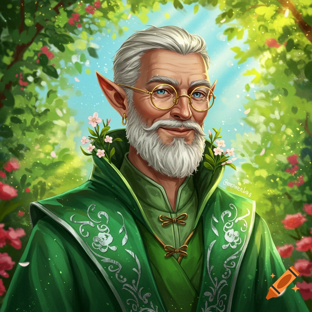 Older Spring Eladrin male wizard with beard and glasses on Craiyon