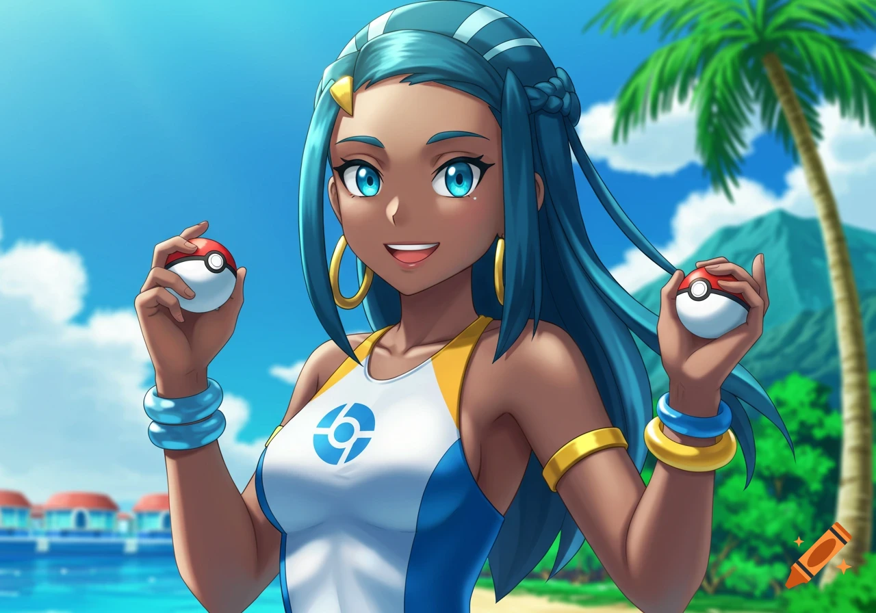 Anime character Bianca from Pokemon in a striped bikini on a sunny ...