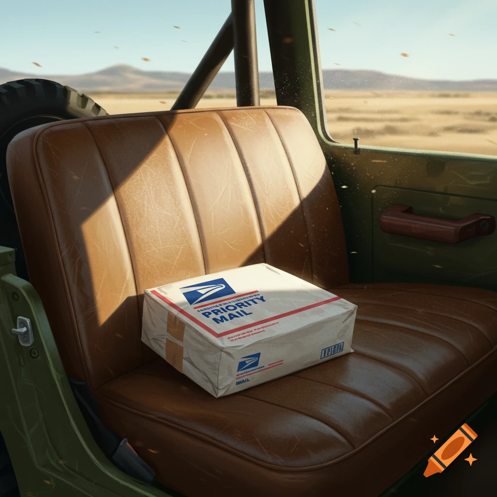 US Postal Service package on a Jeep seat, transportation of mail and ...