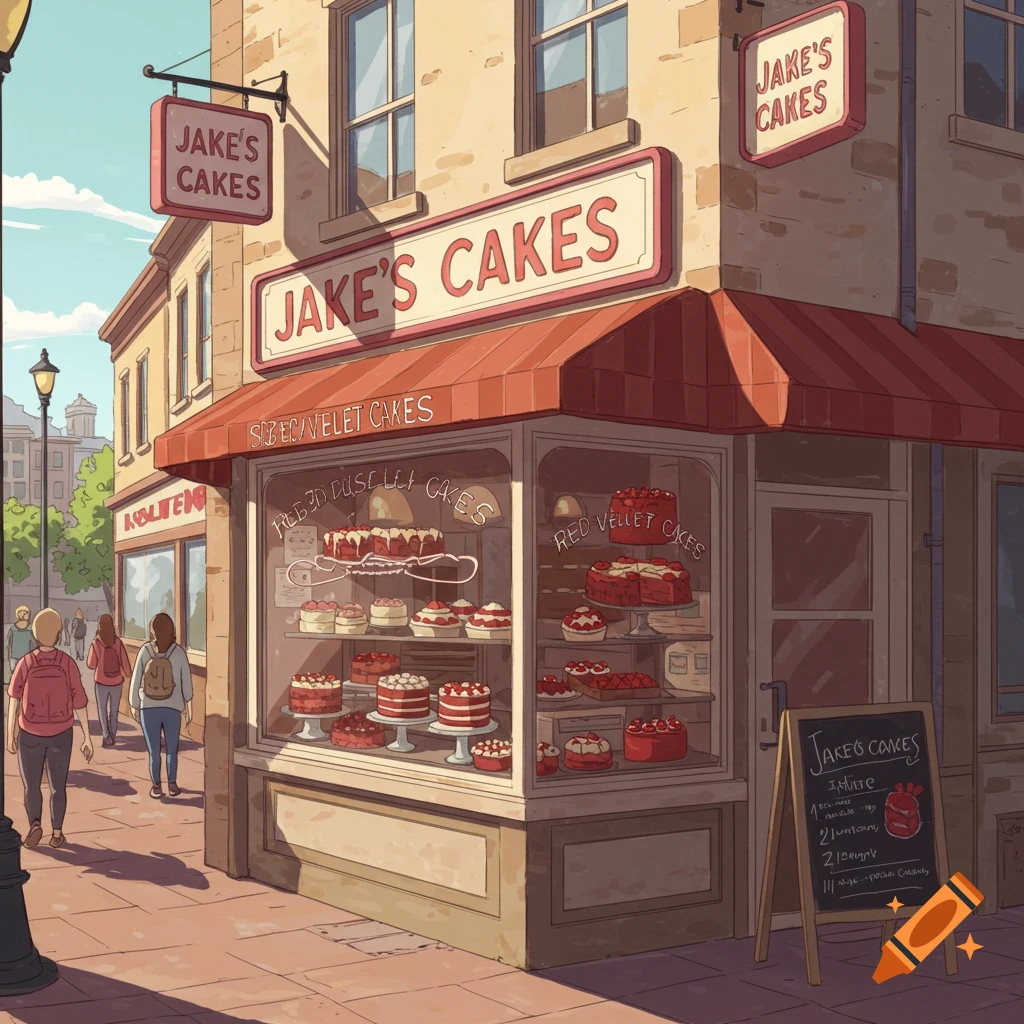Jake's Cakes downtown business selling red velvet cake on Craiyon