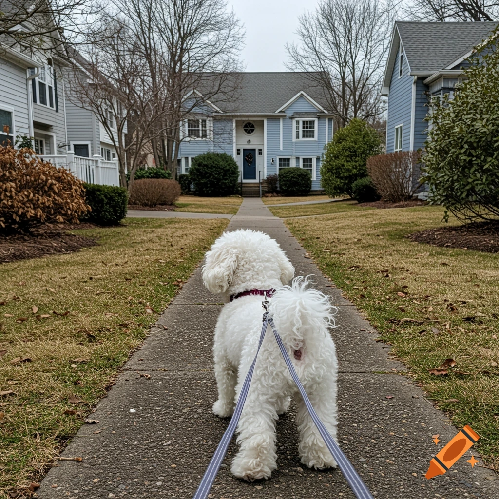 A woman walks a giant goldfish on a pink leash down a suburban sidewalk ...
