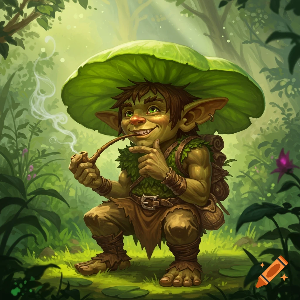 Male goblin druid with lily pad smoking a pipe on Craiyon