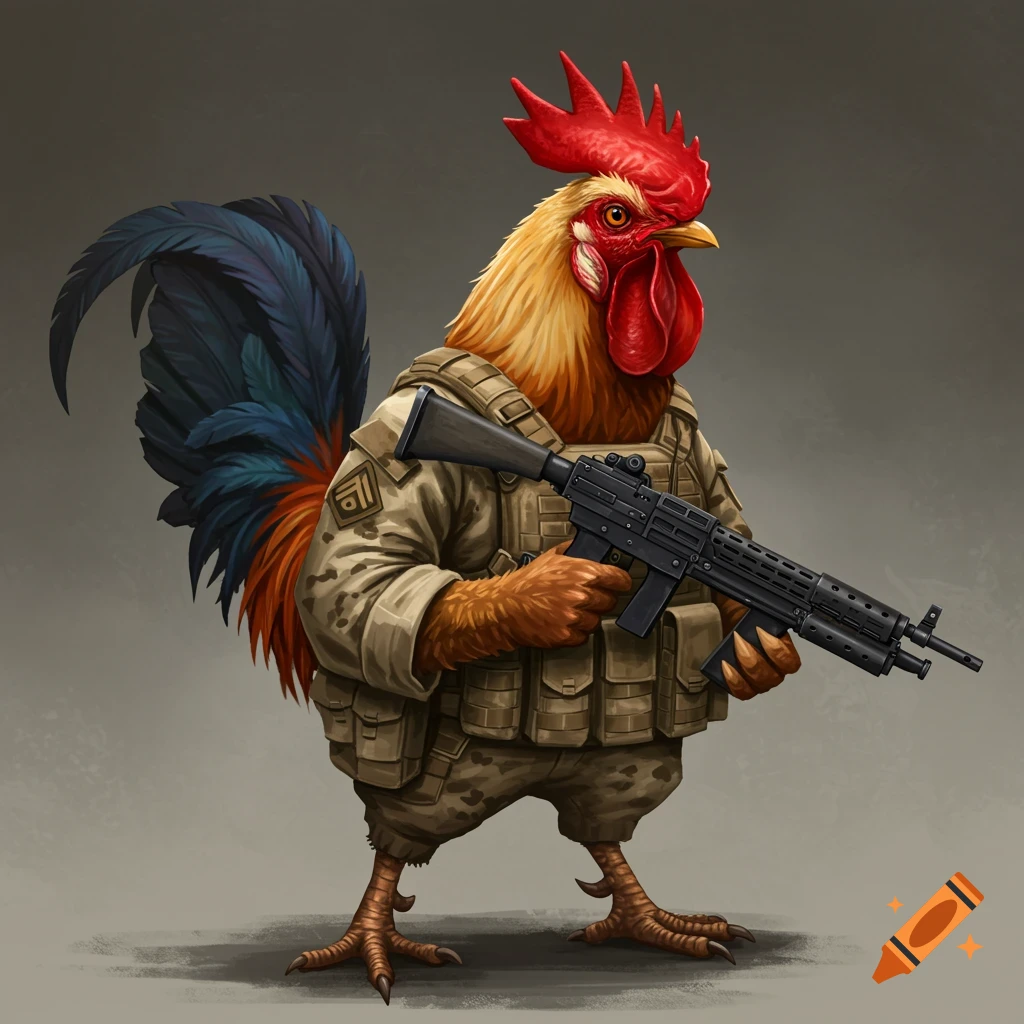 Rooster wearing a military tactical vest on Craiyon