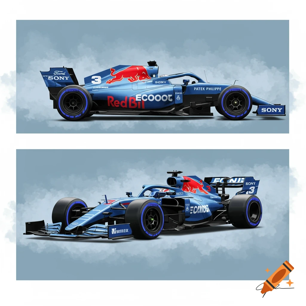 2026 F1 car with Ford and Red Bull sponsorship in powdery blue on Craiyon