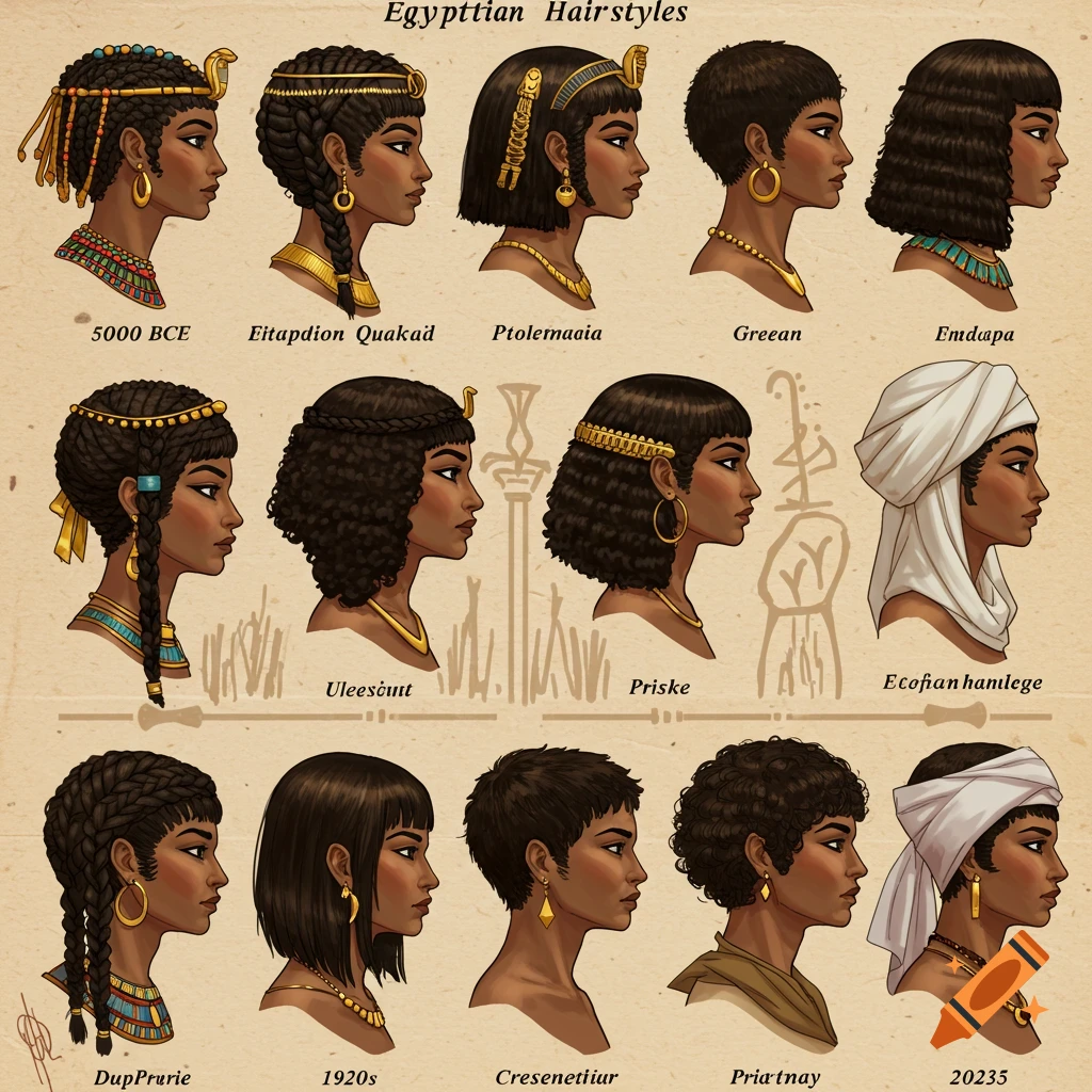 Evolution of Egyptian hairstyles from 5000 BCE to 2035 on Craiyon