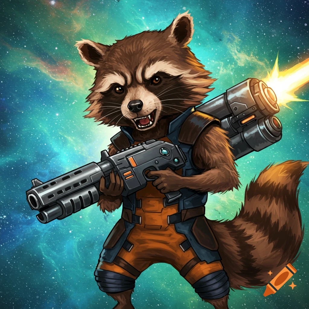 Illustration of Rocket Raccoon flying through a colorful cosmic ...