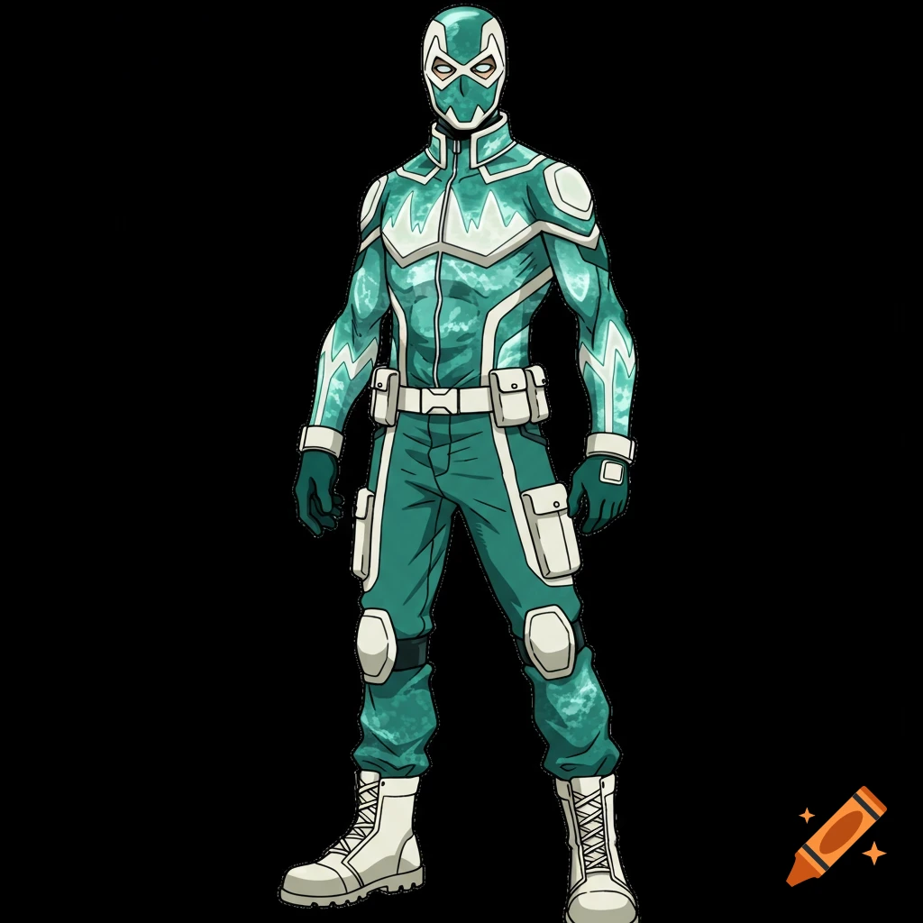 Full body illustration of a superhero character in a sea green and ...