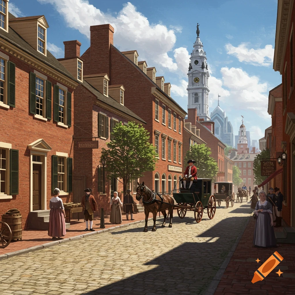 A snowy colonial street scene with buildings, lamp posts, a horse-drawn ...