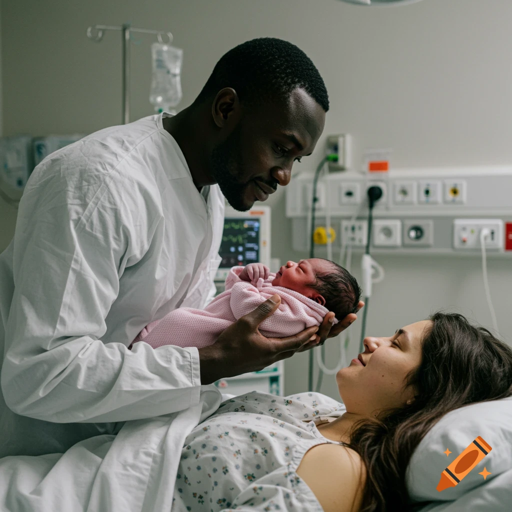 Black man holding newborn baby next to woman in hospital bed on Craiyon
