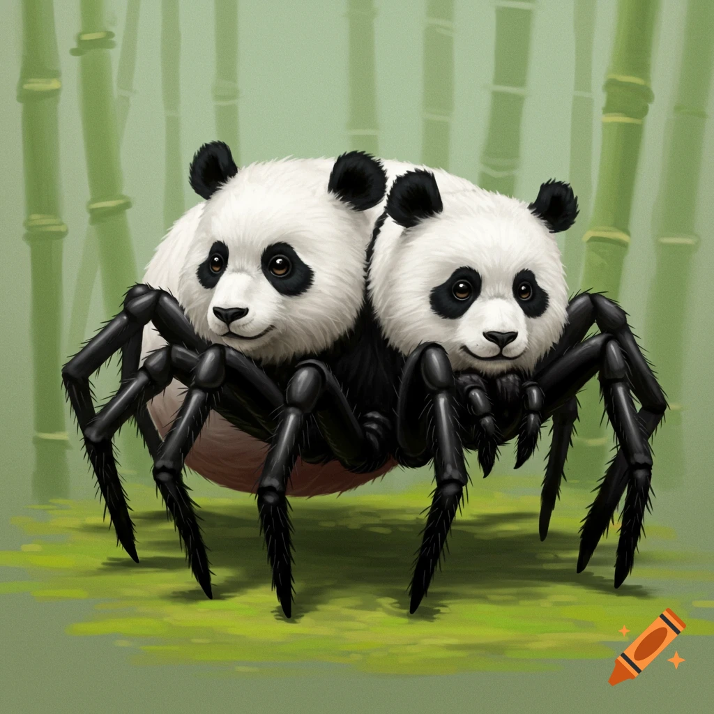 A creature with two panda heads and a spider body stands in a bamboo ...