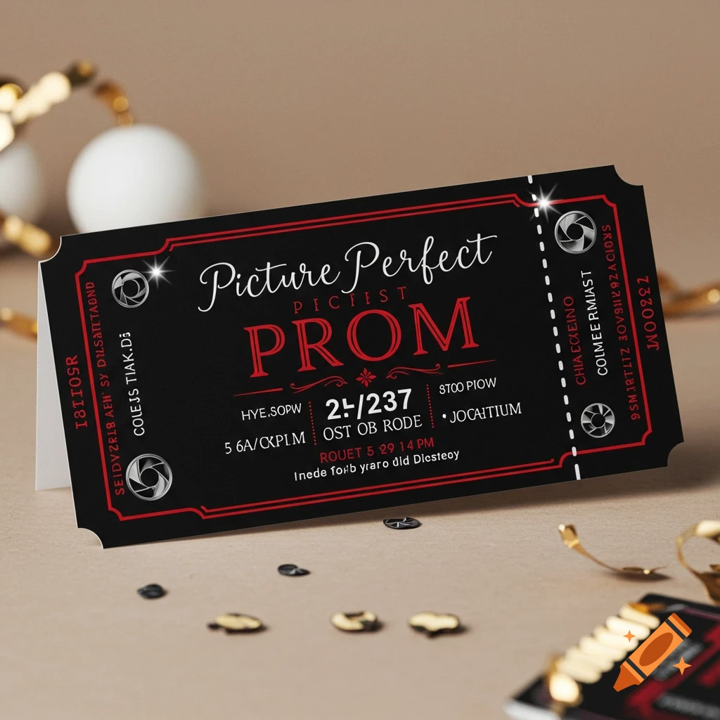 Red and black 'Picture Perfect Prom' ticket design. on Craiyon