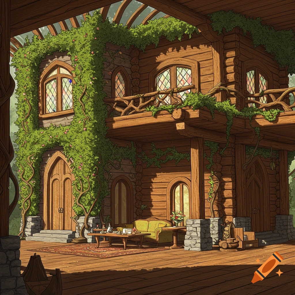 Detailed image of a log cabin covered in ivy, with stained glass ...