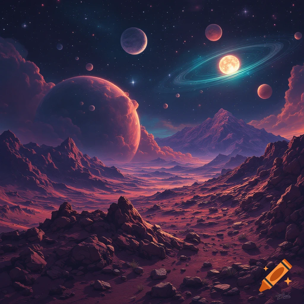 A vibrant sci-fi landscape with rocky mountains, large planets in the ...