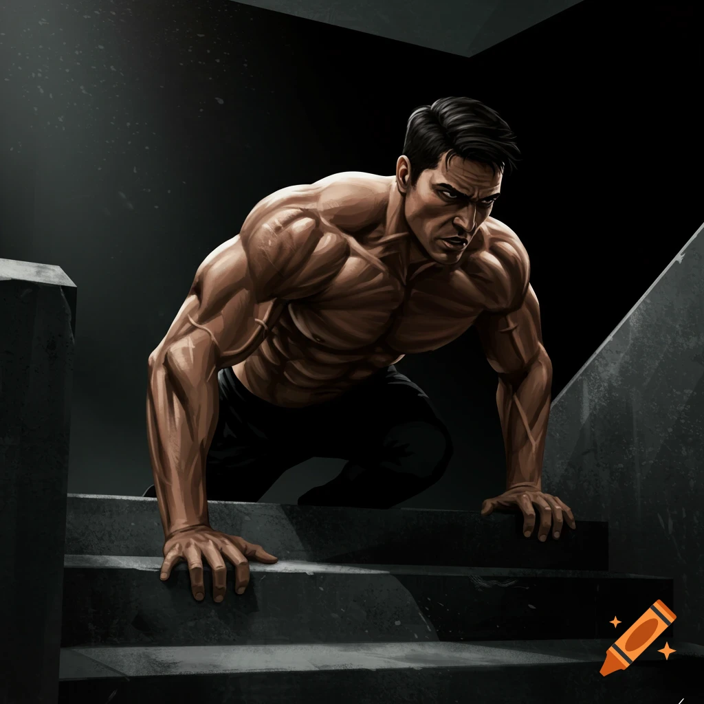 A muscular man is flexing his bicep with an intense expression against ...