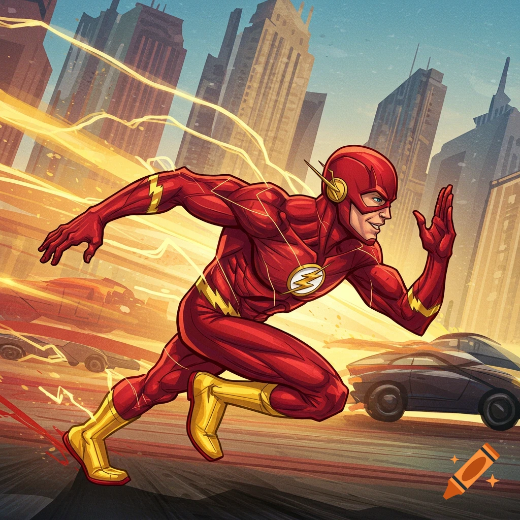 Reverse Flash, a golden and red speedster, runs through a city ...