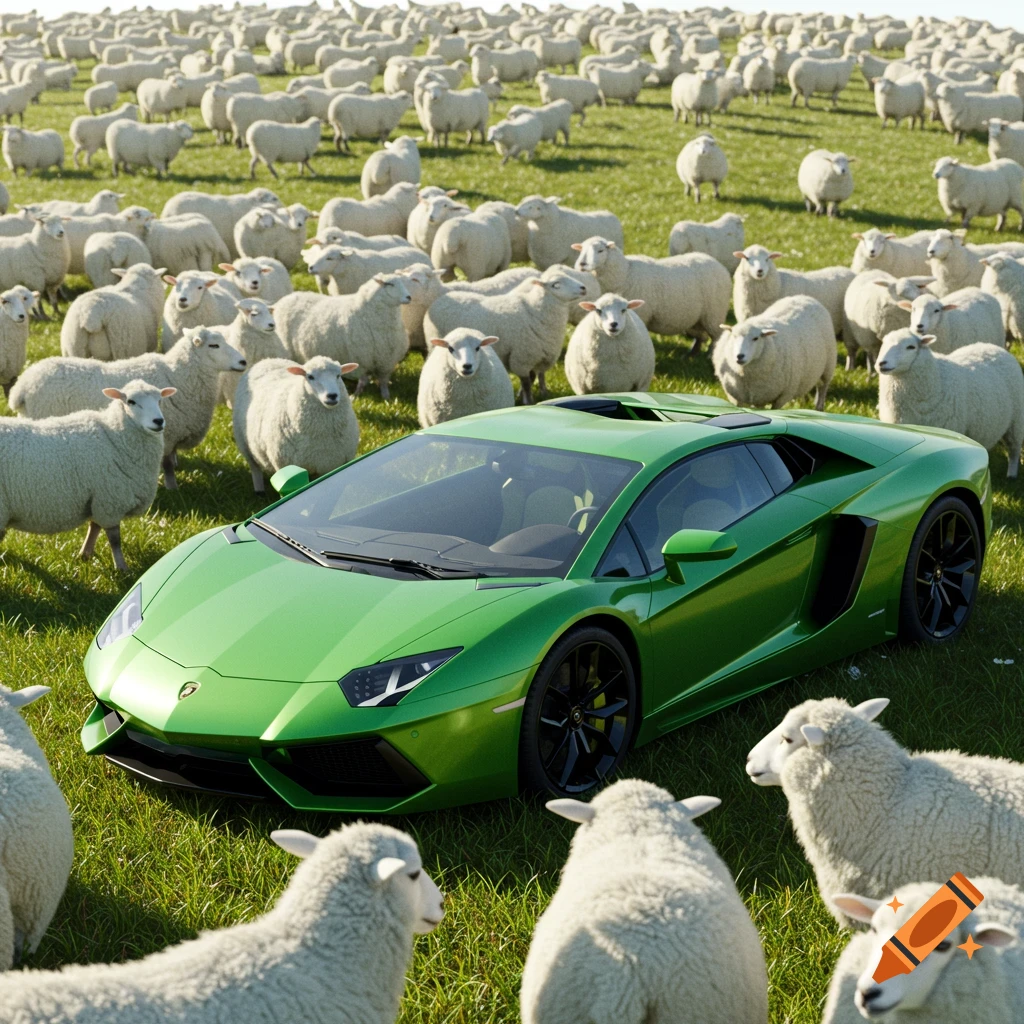 A green Lamborghini sits among a large flock of sheep in a grassy field ...