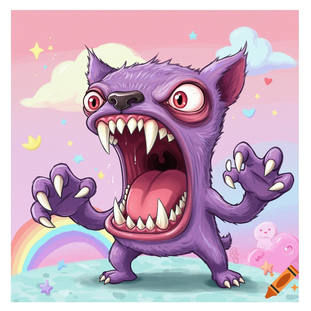 A purple cartoon monster with sharp teeth and claws yells in a pastel ...
