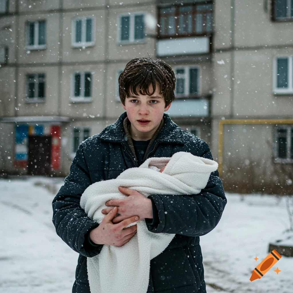 Russian teenage boy holding newborn baby in snow outside Soviet ...