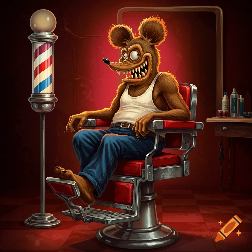 Cartoon rat-like character sitting in a red barber chair in a barber ...