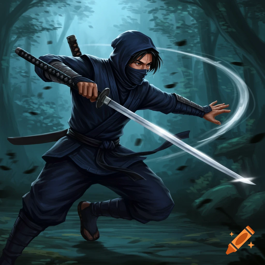 A ninja slashes a sword in a forest. on Craiyon