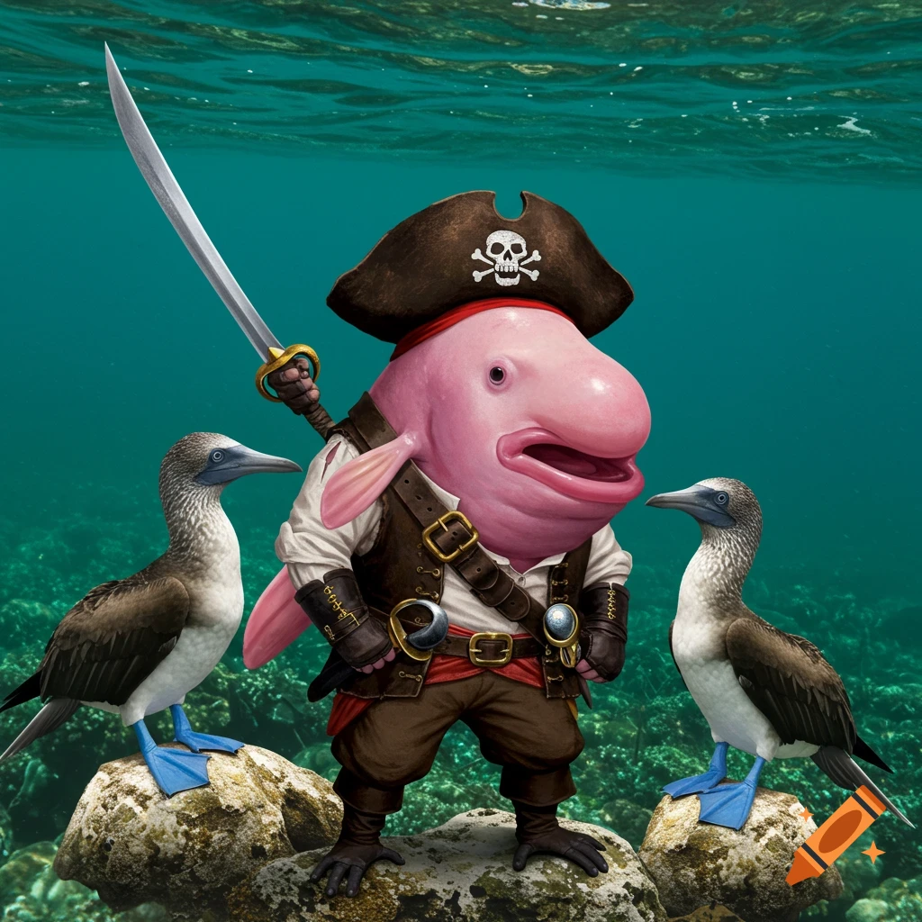 Blobfish pirate with blue-footed booby crew and monkey captain on Craiyon